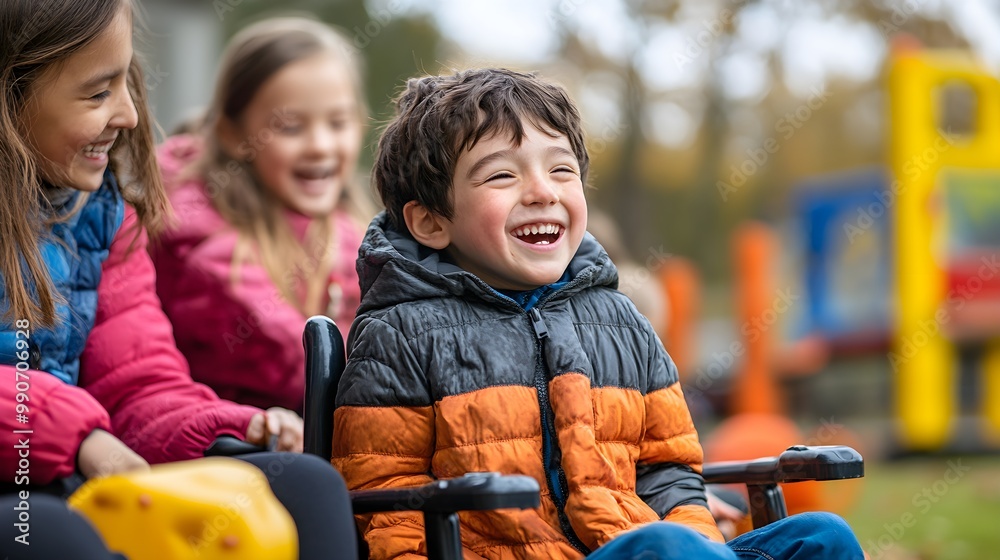 Smiling disabled children participating in an inclusive outdoor ...