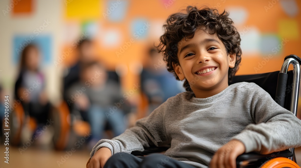 Smiling disabled children from various cultural backgrounds, learning ...