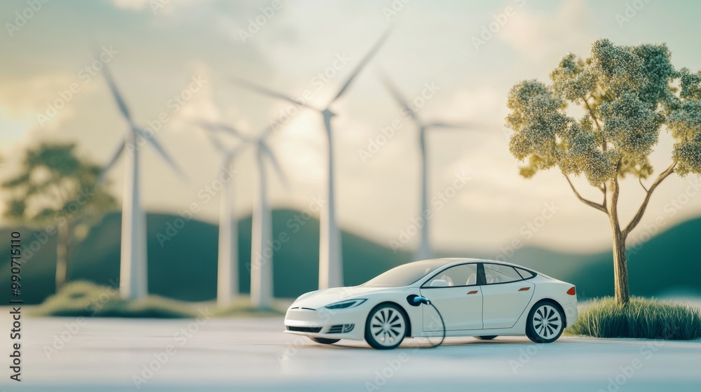 Clean energy concept with an electric car charging, wind turbines ...