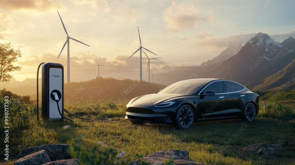 Green energy concept: electric car charging with windmills in the ...