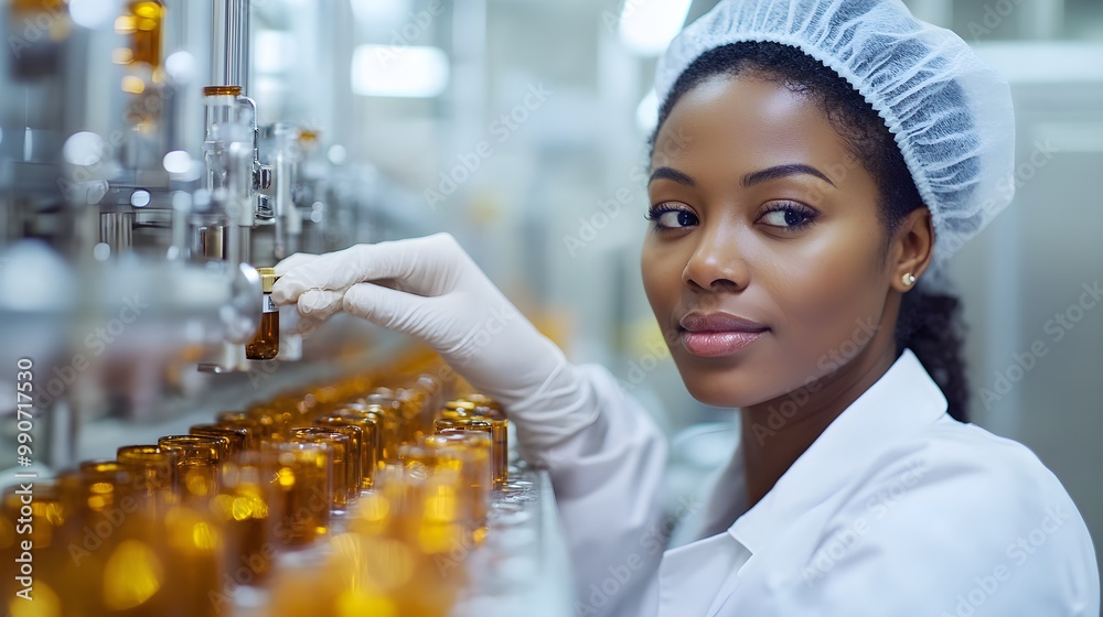 African American woman in a pharmaceutical plant, wearing gloves ...