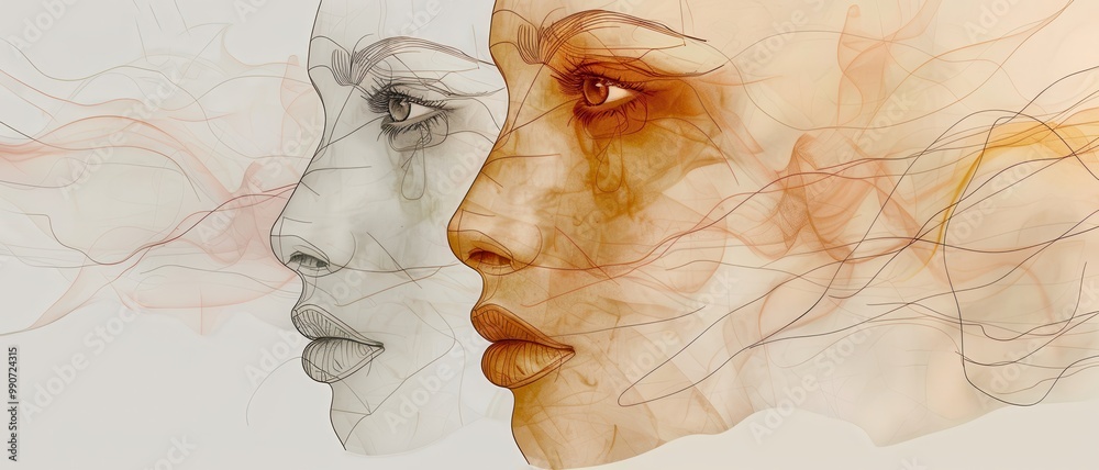 Artistic side profiles of human faces with abstract lines in neutral ...