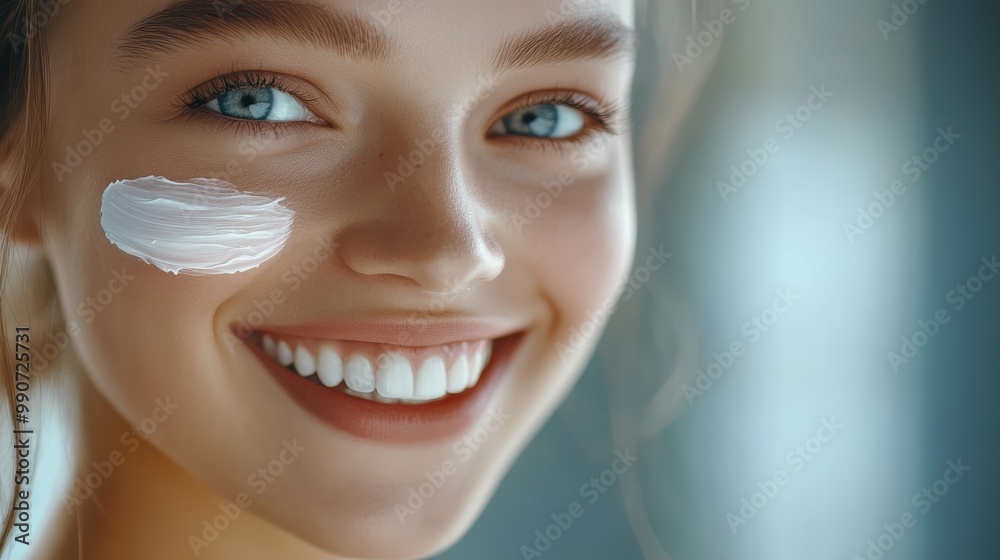 Beautiful woman smile use cream for good skin. face of a healthy woman ...