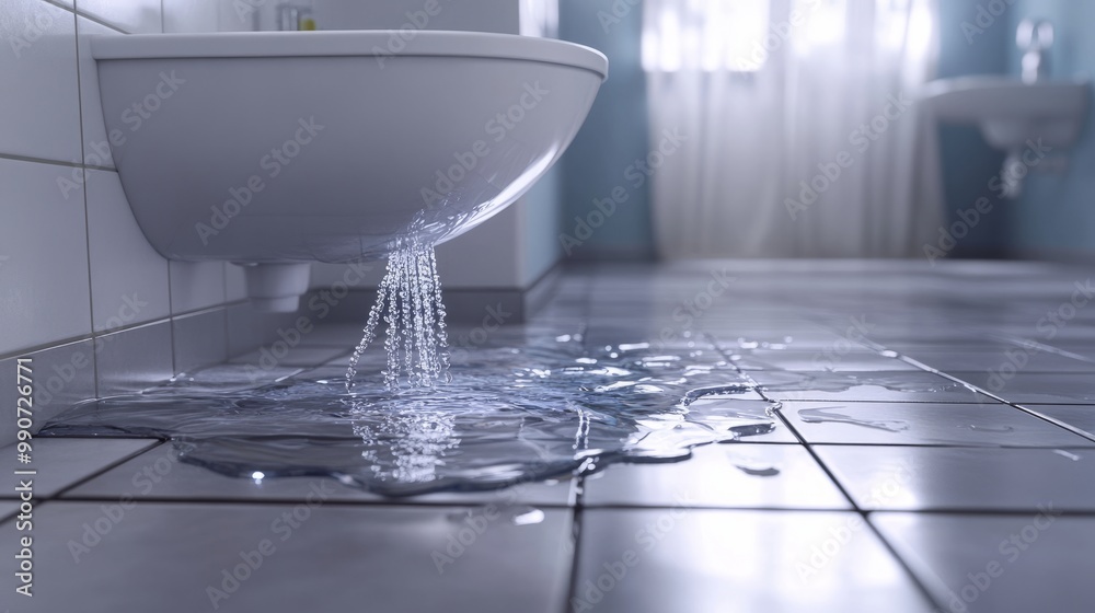 Leaking sink in a bathroom with water dripping from a broken pipe ...