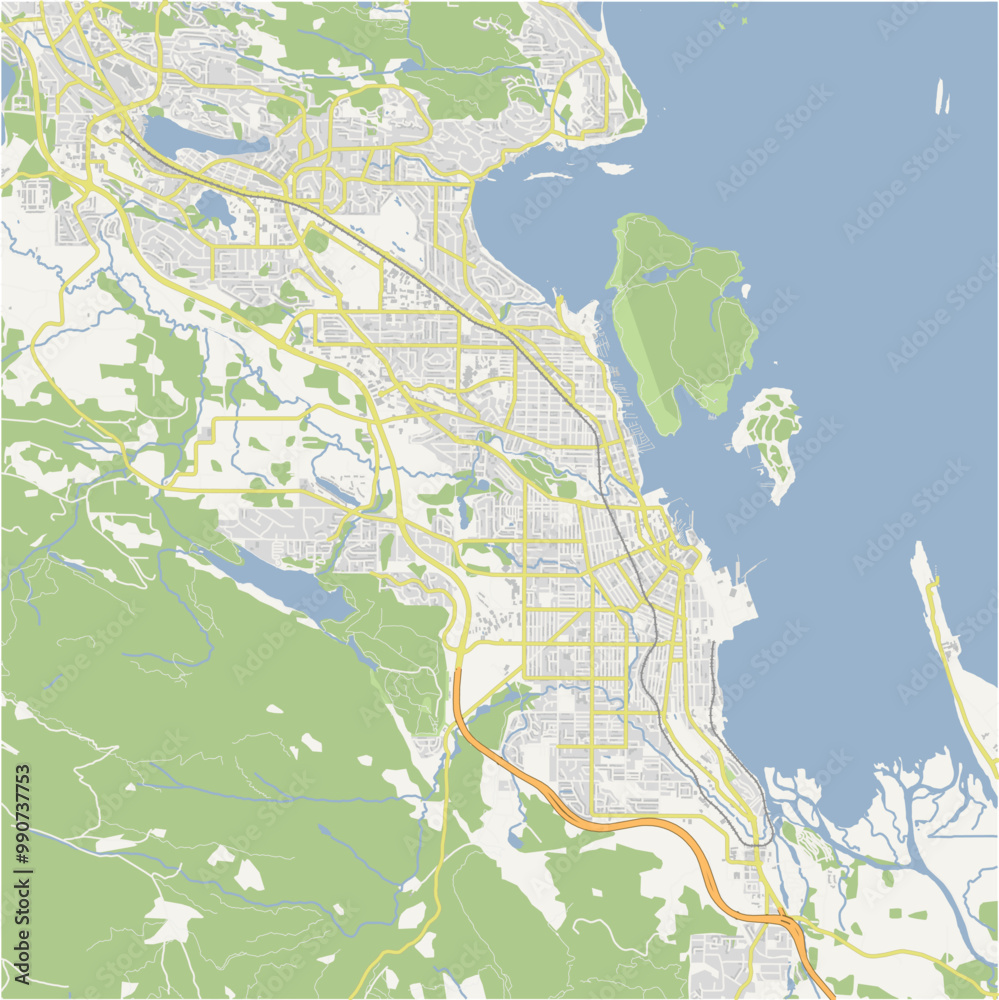 Map of Nanaimo in Canada in a normal road map style. Contains layered ...