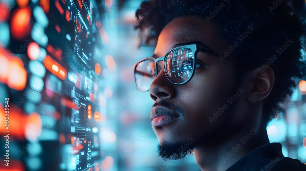 Cybersecurity-themed concept with a Black student analyzing AR data ...