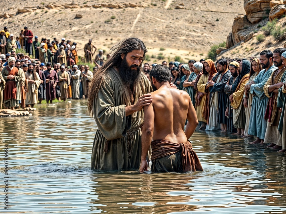 Gospel Images from the Bible NT - John the Baptist baptizing people in the Jordan River Stock ...