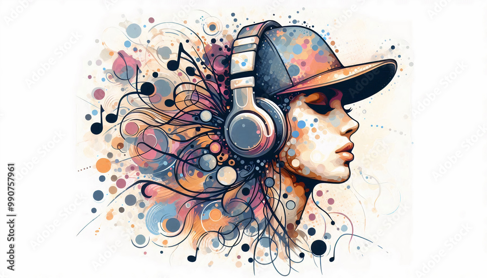 Stylized portrait of a female DJ with headphones and a cap, surrounded ...
