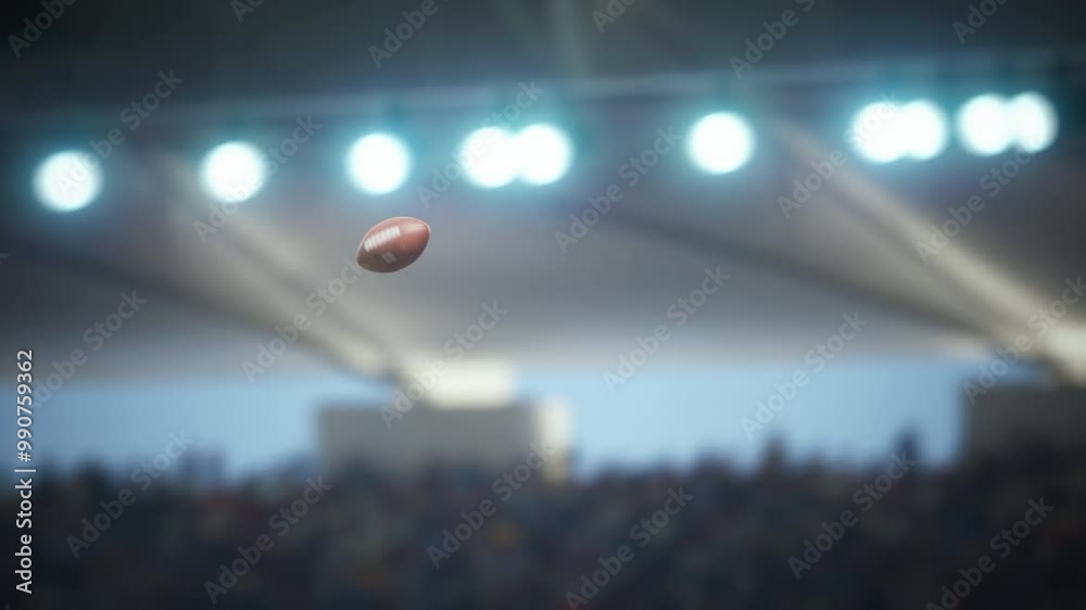 American Football Bll Flying acrross Stadium Field. Packed Arena ...