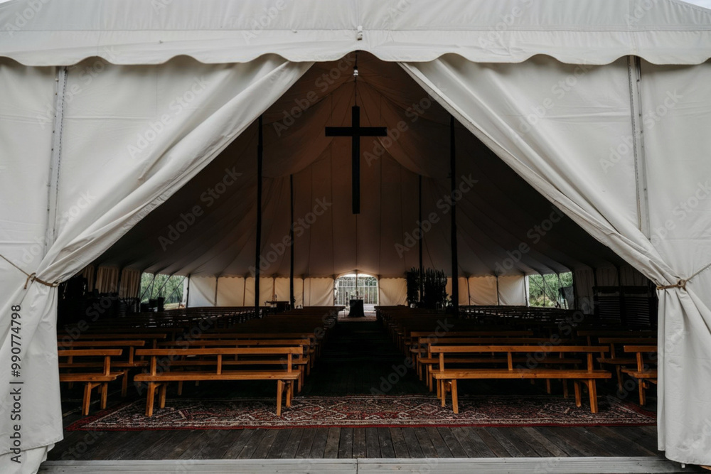 White church tent with wooden benches arranged in rows, featuring a ...