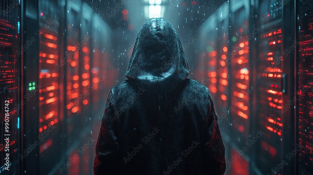 A hooded hacker in a server room symbolizes cybersecurity vulnerabilities, coding malware, and ...