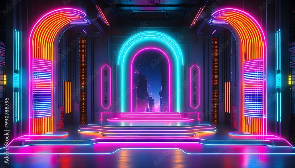 Vibrant Neon Stage Design with High-Tech Elements and Dynamic Lighting ...