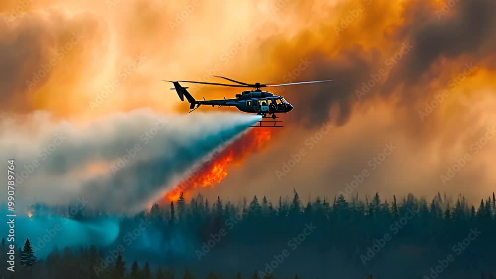 Helicopter extinguishing a massive wildfire over a forest, representing ...