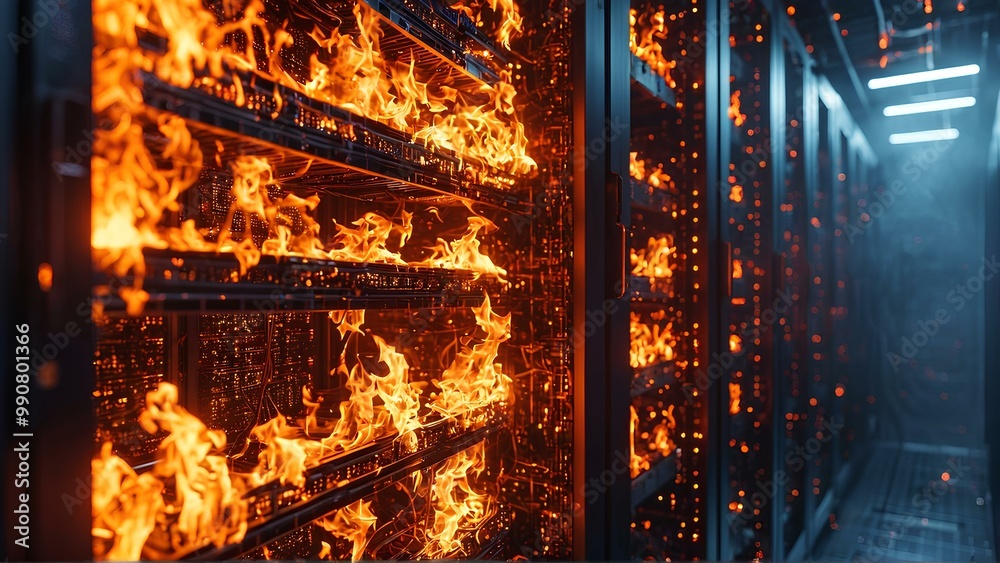 Server rack on fire due to high demand of generative AI generation and ...
