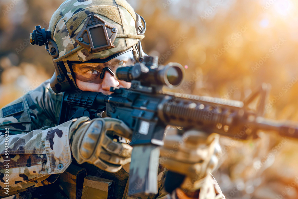 Army soldier in action aiming at weapon laser sight optics. Shooting ...