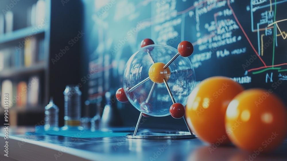 A modern classroom scene featuring an atomic model, molecular spheres ...