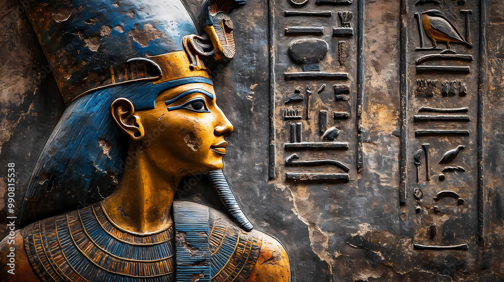 Illustration of ancient egyptian model with hieroglyphs in relief, stylized portrait of egyptian ...