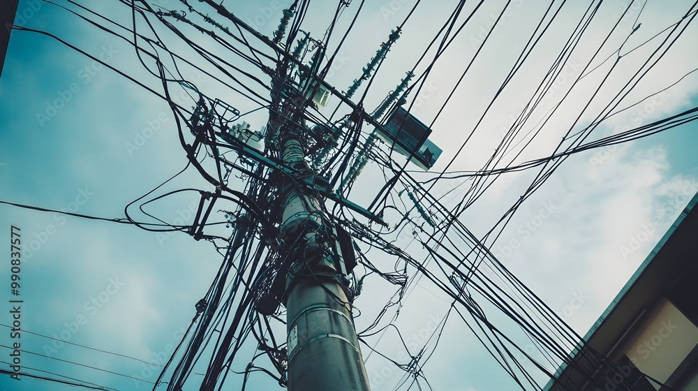 Photograph of an electrical pole with tangled power lines hanging ...