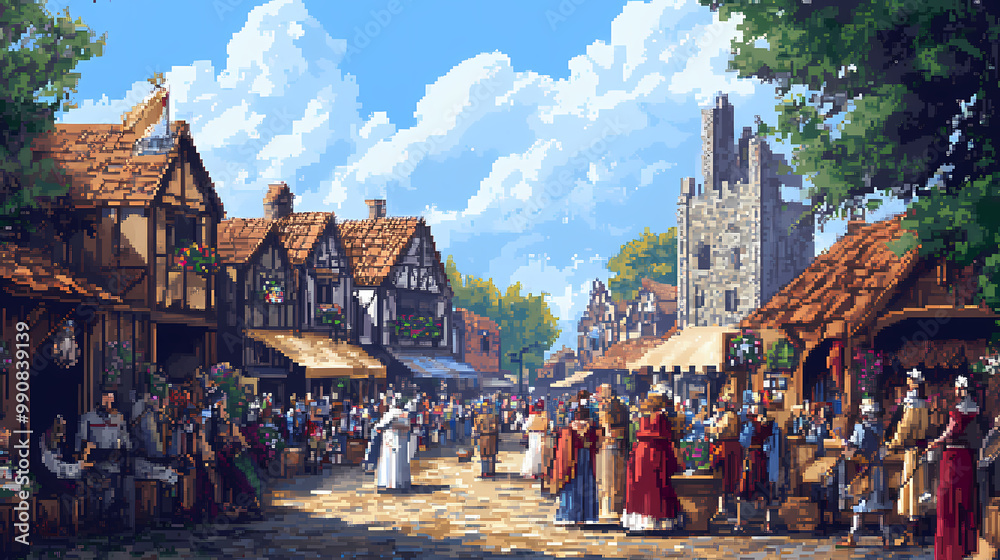 Pixel art renaissance festival with artists painting, sculpting, and ...