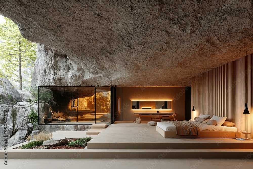 Luxurious modern cave like home interior with natural stone walls and ...