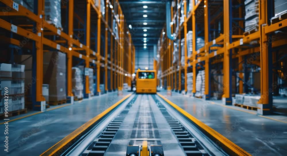 Automated Guided Vehicle (AGV) Navigates a Warehouse Conveyor System ...