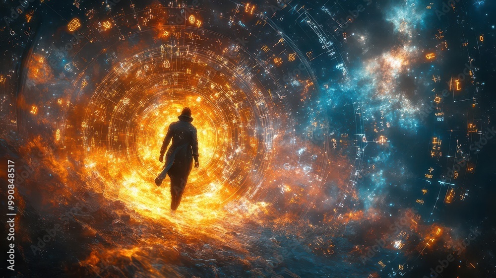 surreal digital collage of a time traveler floating in a cosmic realm ...