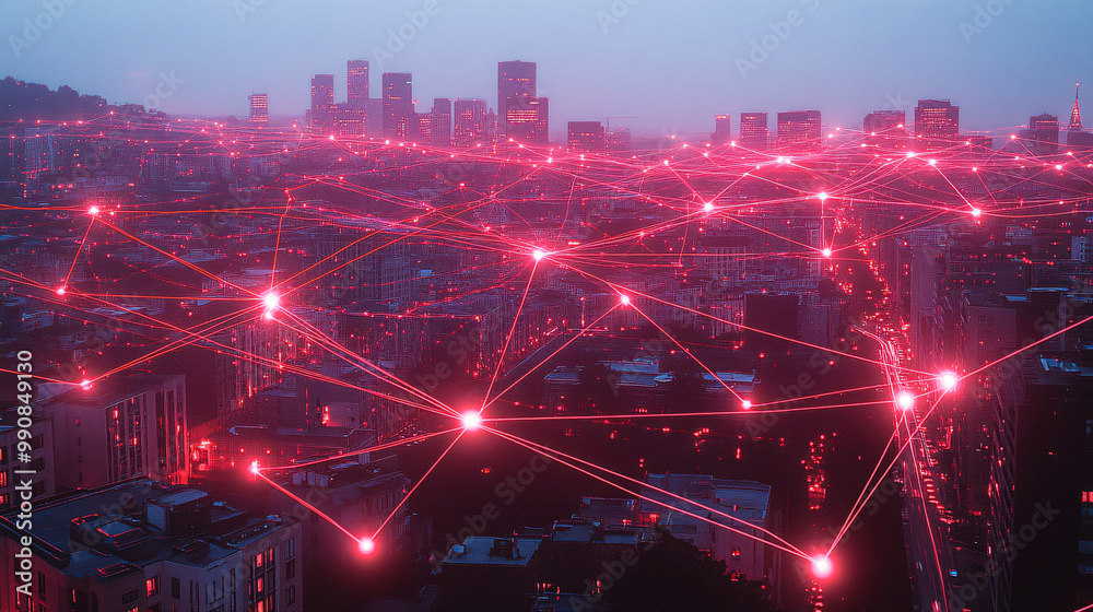 Wide-angle aerial view of the city skyline at night with glowing red ...