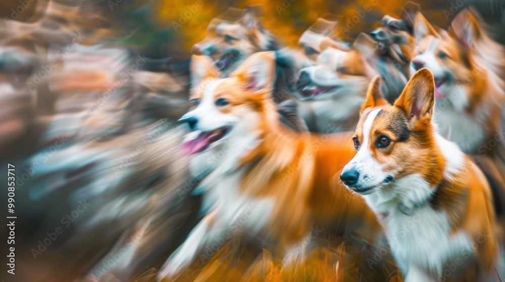 Tricolor corgis with a blurred background pattern creating a smooth gradient wallpaper texture ...