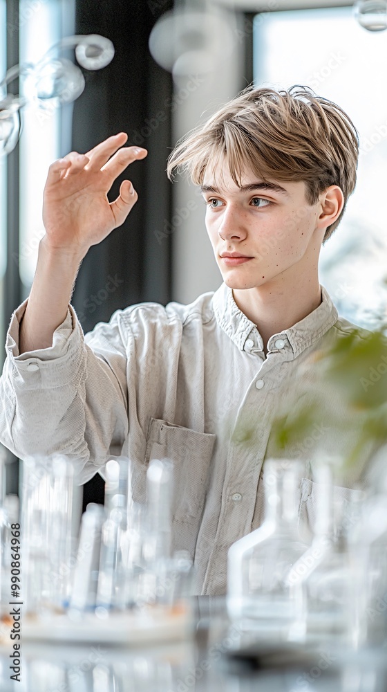 A student raising their hand in a science lab surrounded by test tubes ...