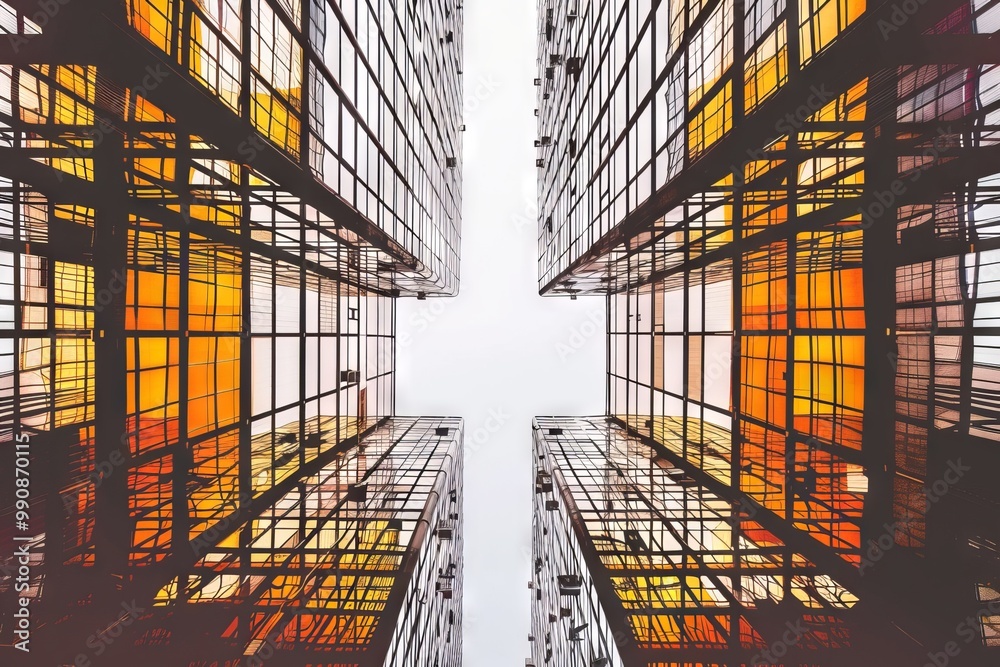 symmetrical photo of tall buildings made from golden metallic ...