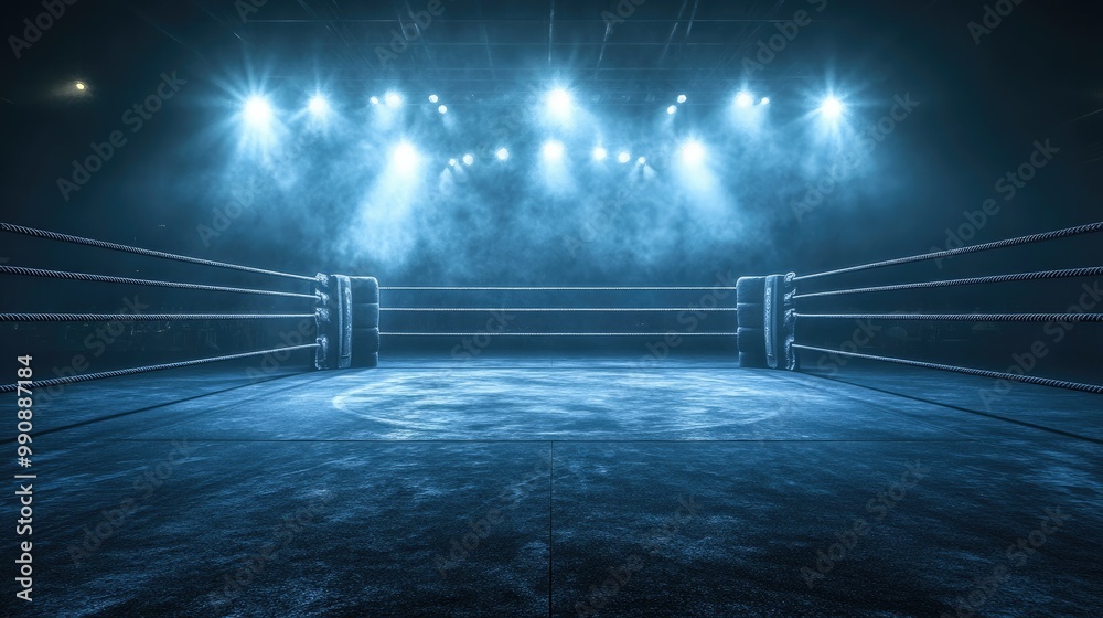 Empty wrestling ring under intense spotlights, ropes tight, ready for a ...