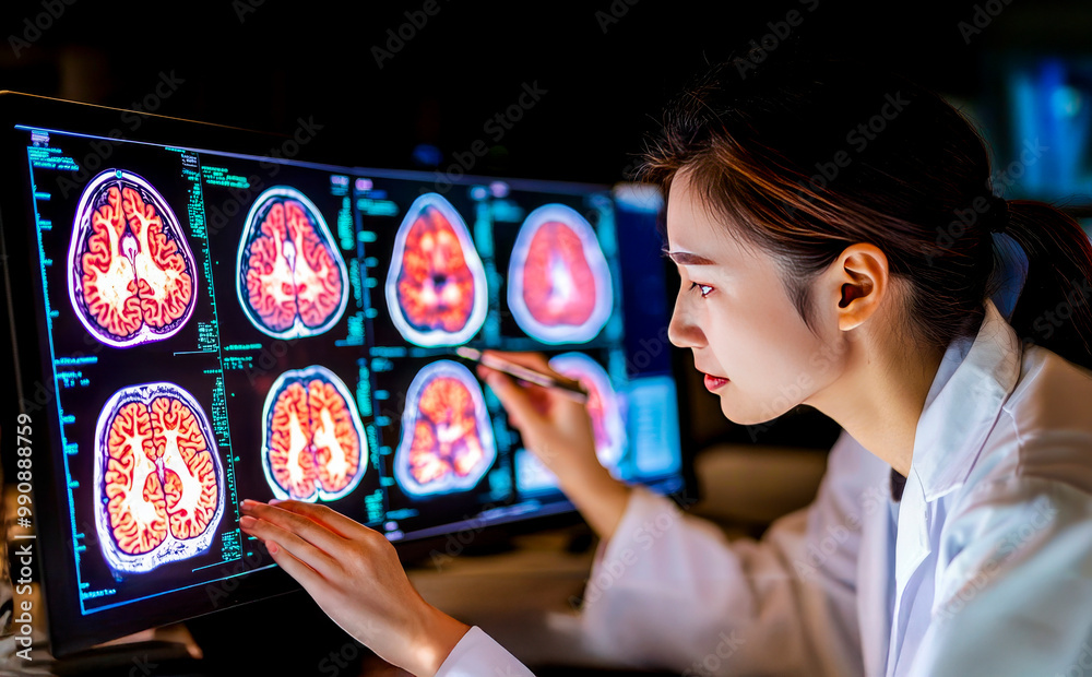 Brain Scan Analysis: A focused female doctor analyzes a series of brain ...