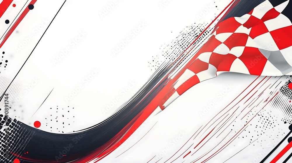 Checkered flag waving on a white background with red and black abstract ...