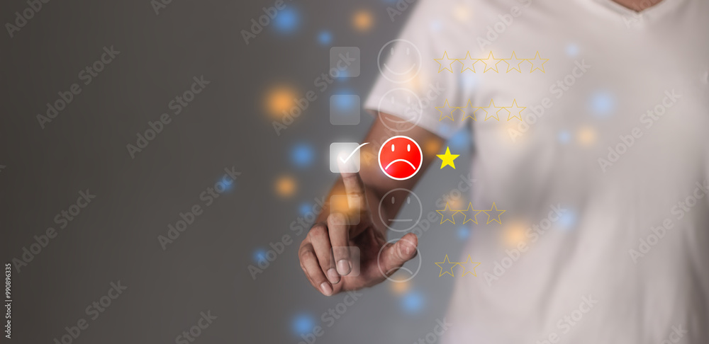 Customer Review, Young man hand touch to review and gives 1 star, with ...