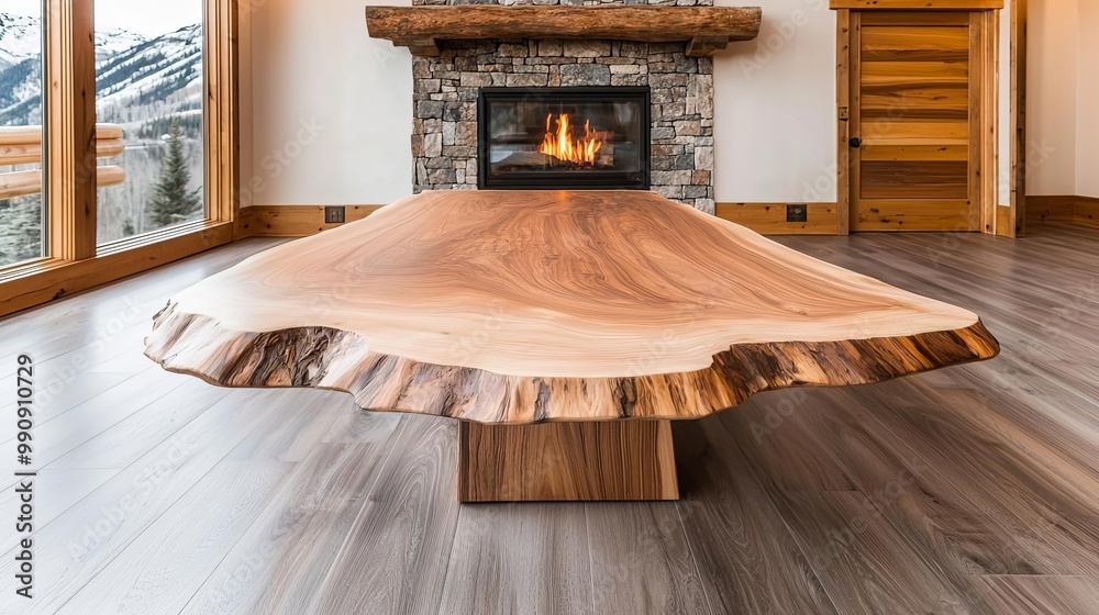 Live edge table in a cozy cabin, rustic charm, natural wood surface ...