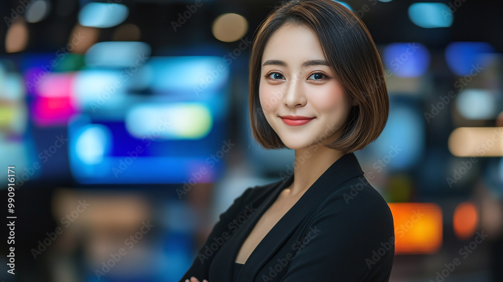 Young smiling Asian woman news anchor in black suit on TV studio Stock ...