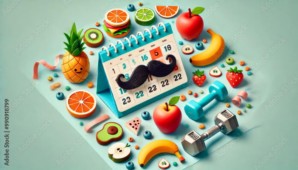 Healthy Calendar with Fruits, Mustache, and Dumbbell for Fitness ...