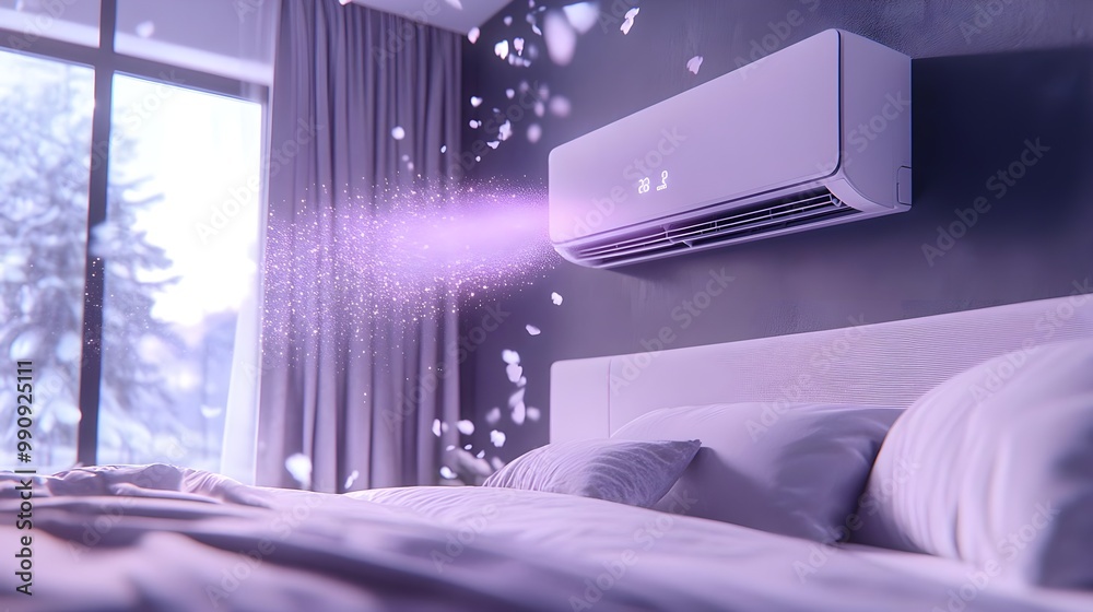 Air conditioner cooling a modern bedroom with a bed and window view ...