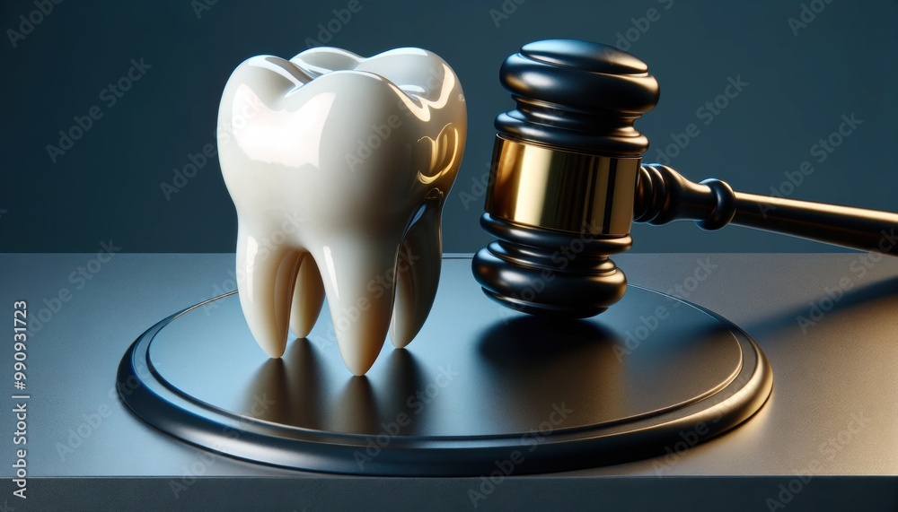 Dental law concept with a tooth model and judge's gavel on a dark ...