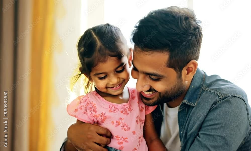 Happy loving young Indian dad and pretty preschool daughter kid looking away with toothy smiles ...