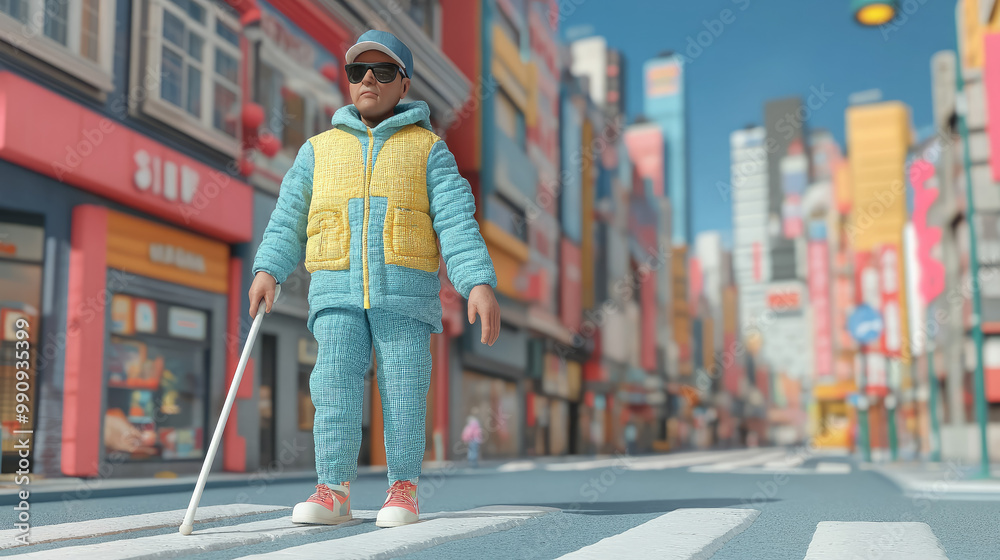 blind man in sunglasses with white cane walking down city street, 3d ...