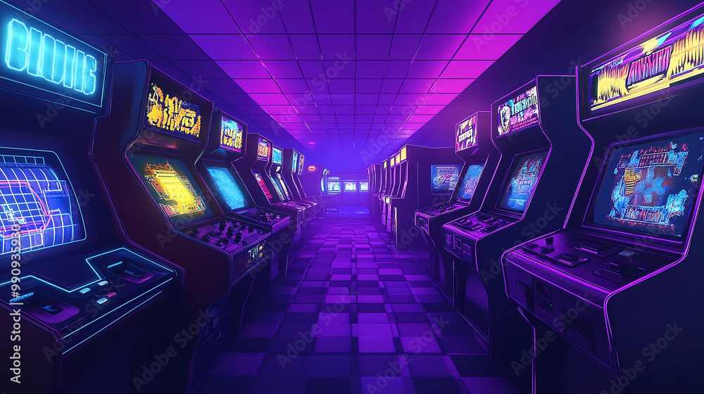 Using Stock technology, the 80s video game scene is created in purple ...