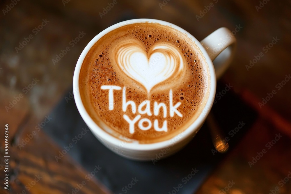 "Thank You" spelled out in delicate coffee foam art on the surface of a ...