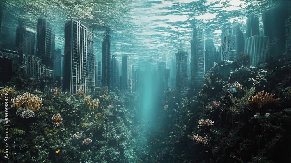 Underwater view of a sunken city, showcasing coral reefs and submerged ...