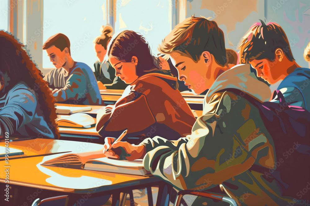 Kids in school writing and taking notes, teens pupils behind desks ...
