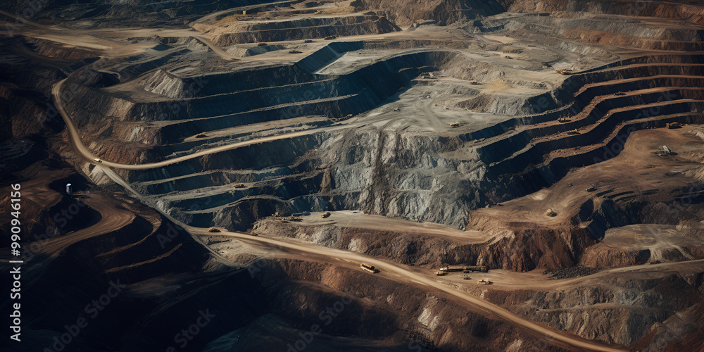 Mining at a height industrial terraces on a mineral mine with an open ...
