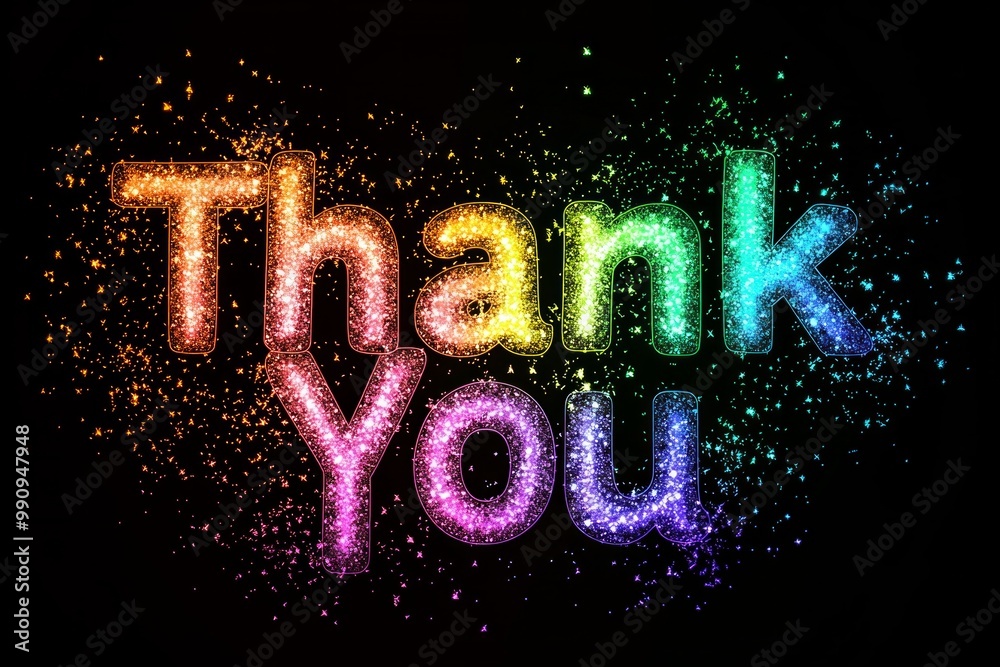 "Thank You" written in a gradient of rainbow colors, with a scattering ...