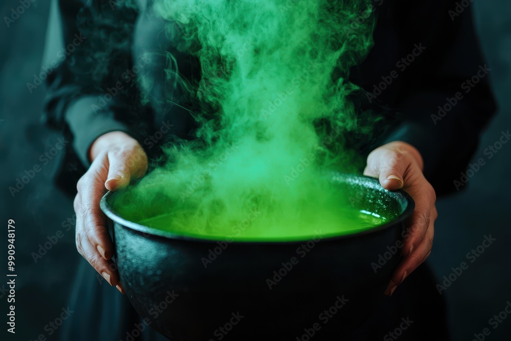 Halloween witch stirring a glowing cauldron, smoke and neon green light ...