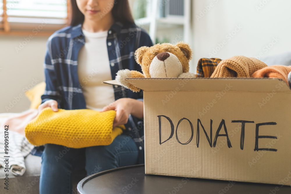 Recycling, Donation for poor, hand asian young woman, girl packing ...