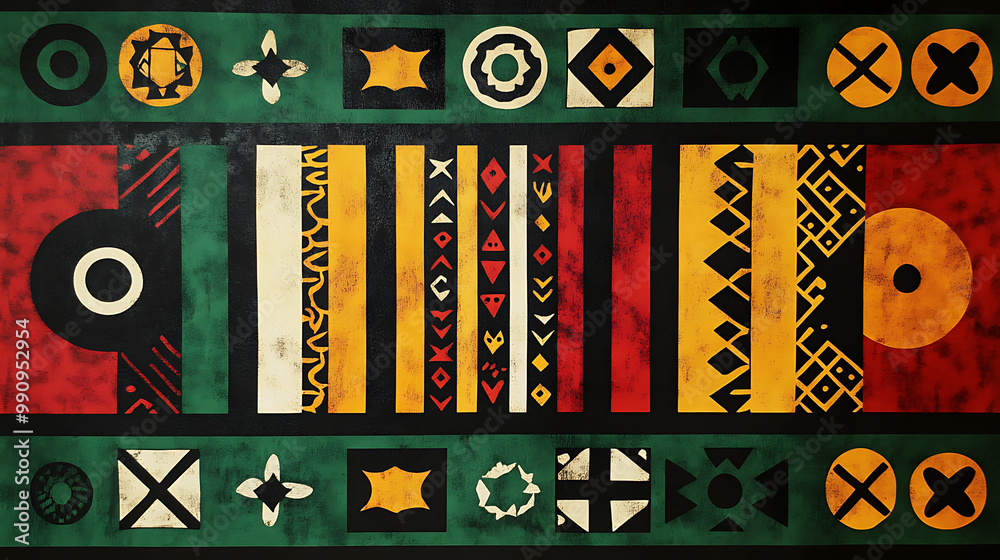 Traditional African patterns and symbols of strength, arranged against ...